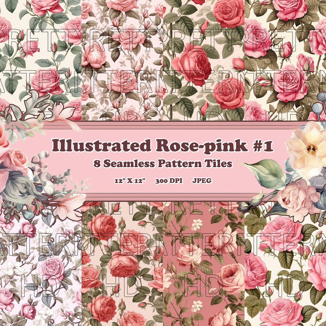 Illustrated Roses Pink #1 - 8 Printable Scrapbook Sheets - Continuous ...