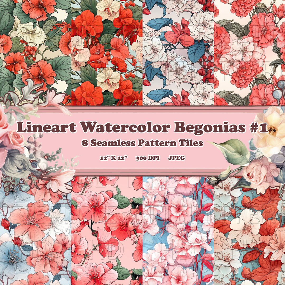Lineart Watercolor Begonias #1 - 8 Printable Scrapbook Sheets ...