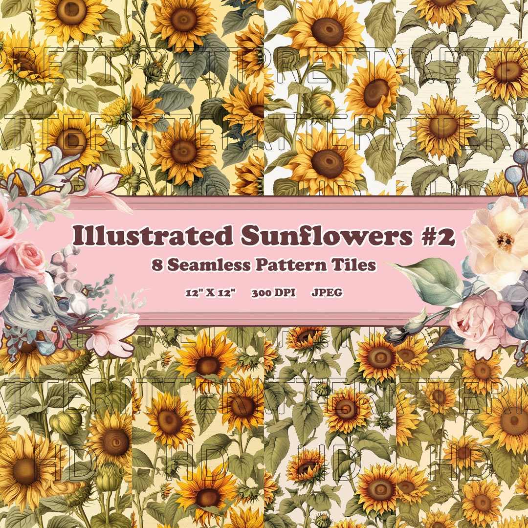 Illustrated Sunflowers #2 - 8 Printable Scrapbook Sheets - Continuous ...