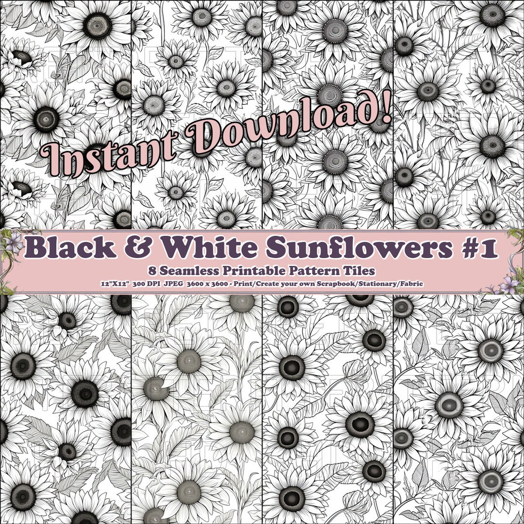 Black & White Sunflowers #1 - 8 Printable Scrapbook Sheets - Seamless ...