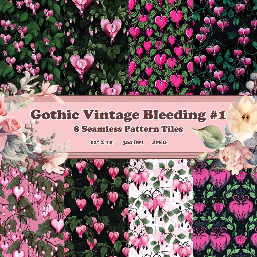 Gothic Vintage Bleeding Heart #1 - 8 Scrapbook Sheets - Seamless and ...