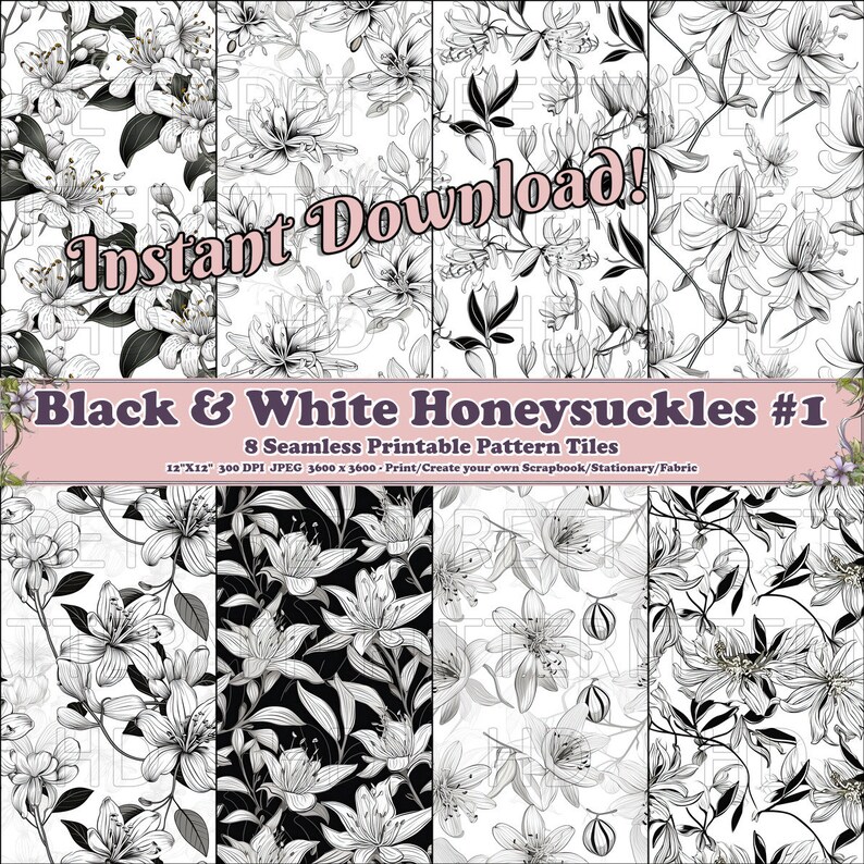 Black & White Honeysuckle #1 - 8 Printable Scrapbook Sheets - Seamless ...