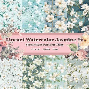 Lineart Watercolor Jasmine #2 - 8 Printable Scrapbook Sheets - Seamless ...