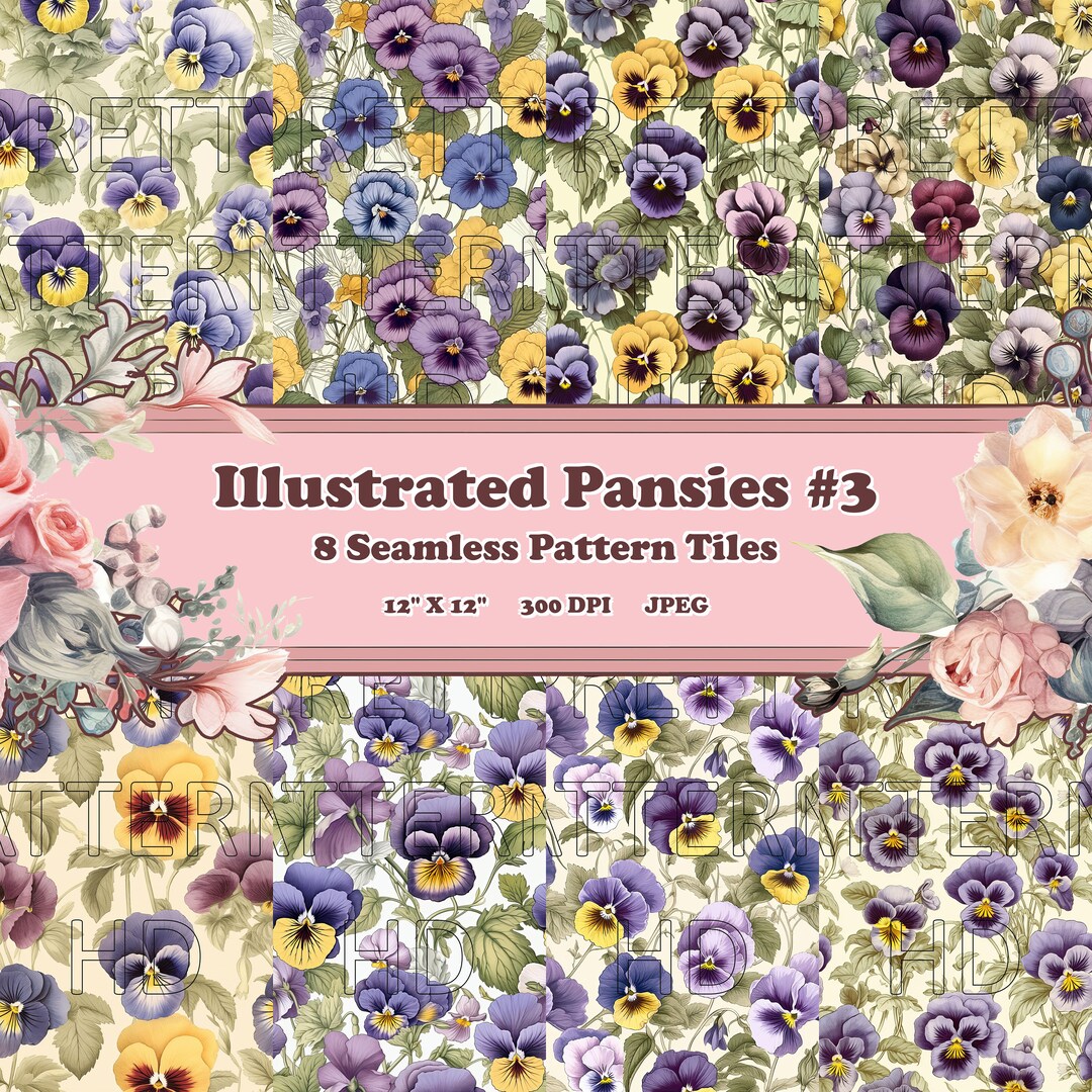Illustrated Pansies #3 - 8 Printable Scrapbook Sheets - Continuous ...