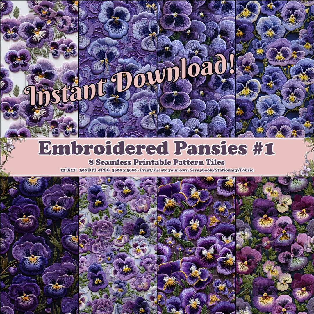 Embroidered Pansy #1 - 8 Printable Scrapbook Sheets - Seamless Tileable ...