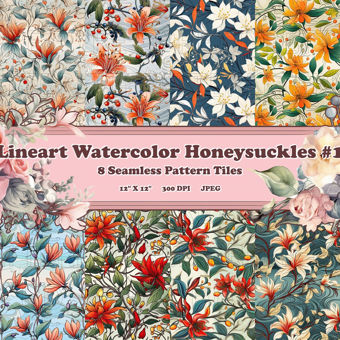 Lineart Watercolor Honeysuckle #1 - 8 Printable Scrapbook Sheets ...