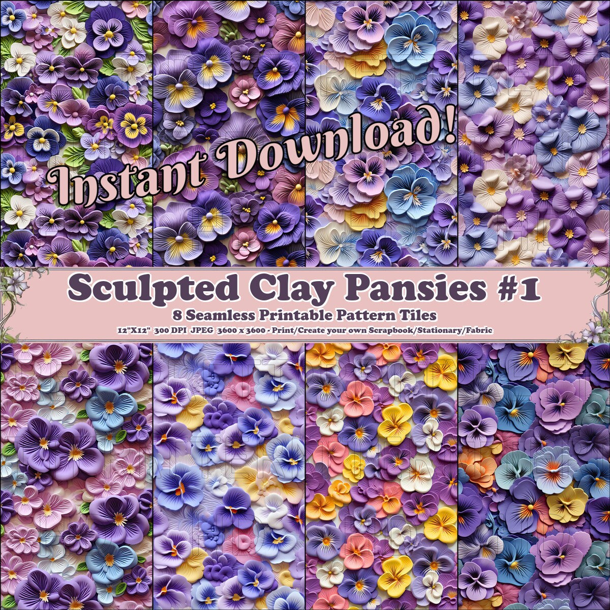 Sculpted Clay Pansy #1 - Set of 8 Printable Scrapbook Sheets - Seamless ...