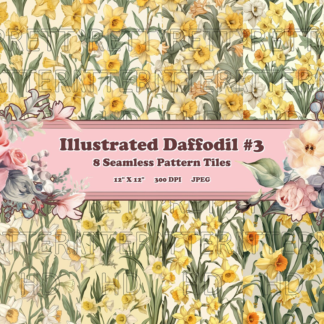 Illustrated Daffodils #3 - 8 Printable Scrapbook Sheets - Continuous ...
