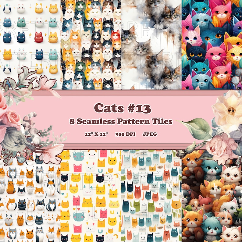 Cats #13 - 8 Printable Scrapbook Sheets - Seamless Tileable - Digital ...