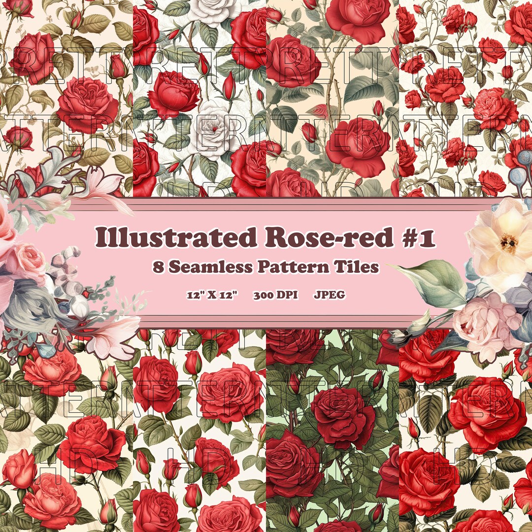 Illustrated Roses Red #1 - 8 Printable Scrapbook Sheets - Continuous ...