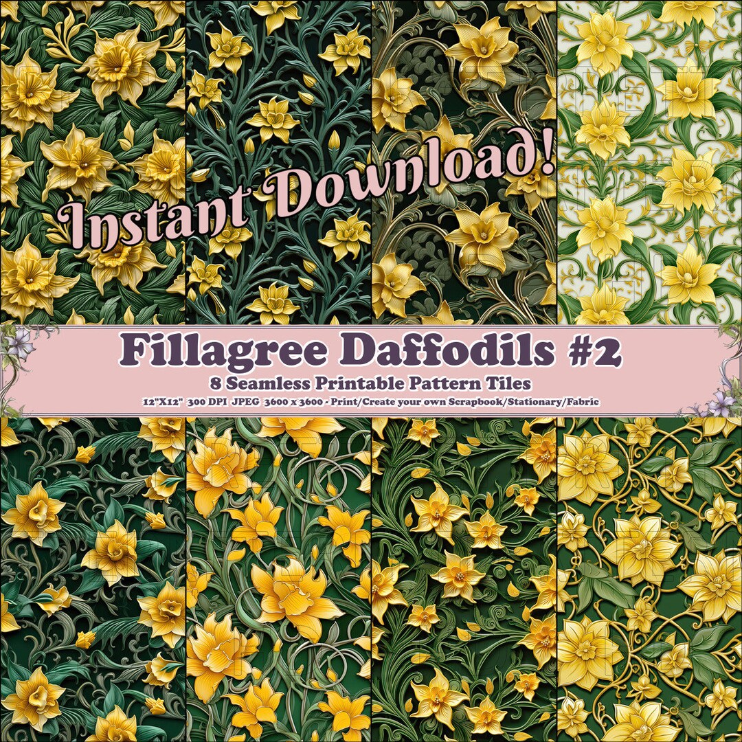 Filigree Daffodil #2 - 8 Printable Scrapbook Sheets - Seamless Tileable ...
