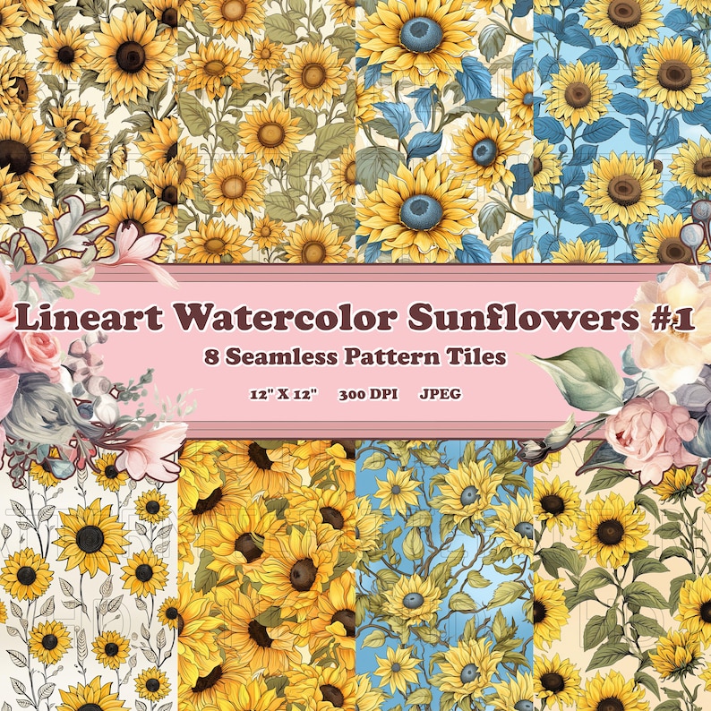 Lineart Watercolor Sunflower #1 - 8 Printable Scrapbook Sheets ...