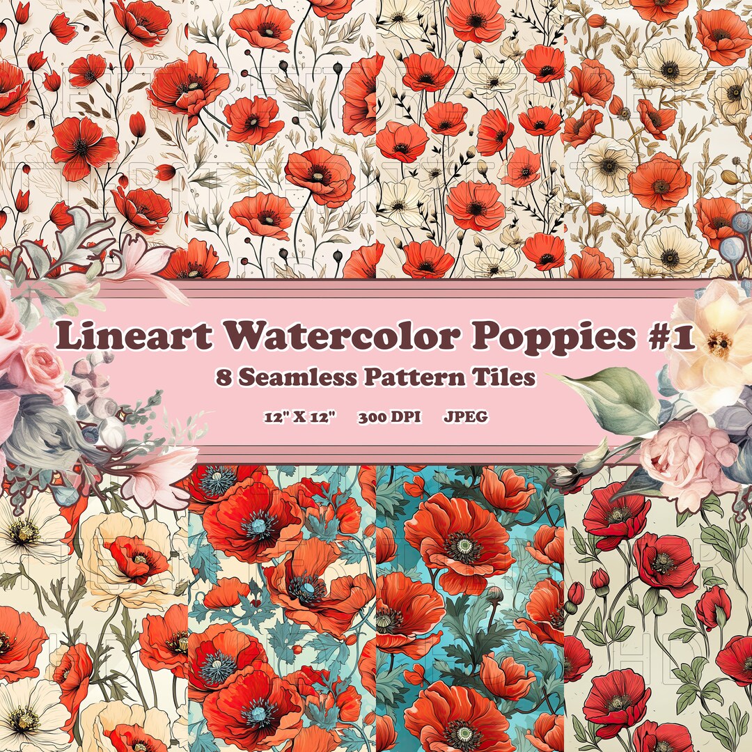 Lineart Watercolor Poppies #1 - 8 Printable Scrapbook Sheets - Seamless ...