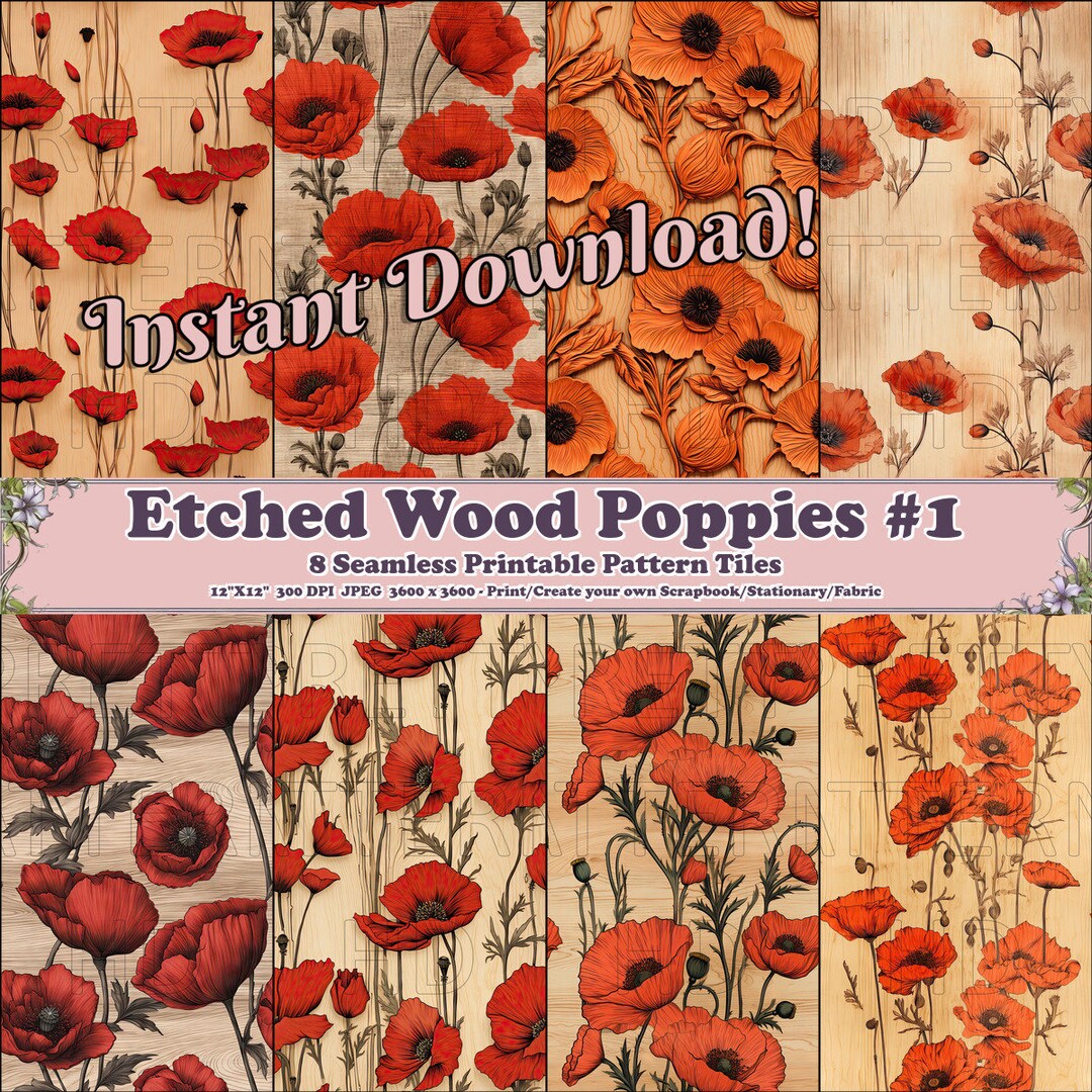 Wood Panel Poppy #1 - 8 Printable Scrapbook Sheets - Seamless Tileable ...