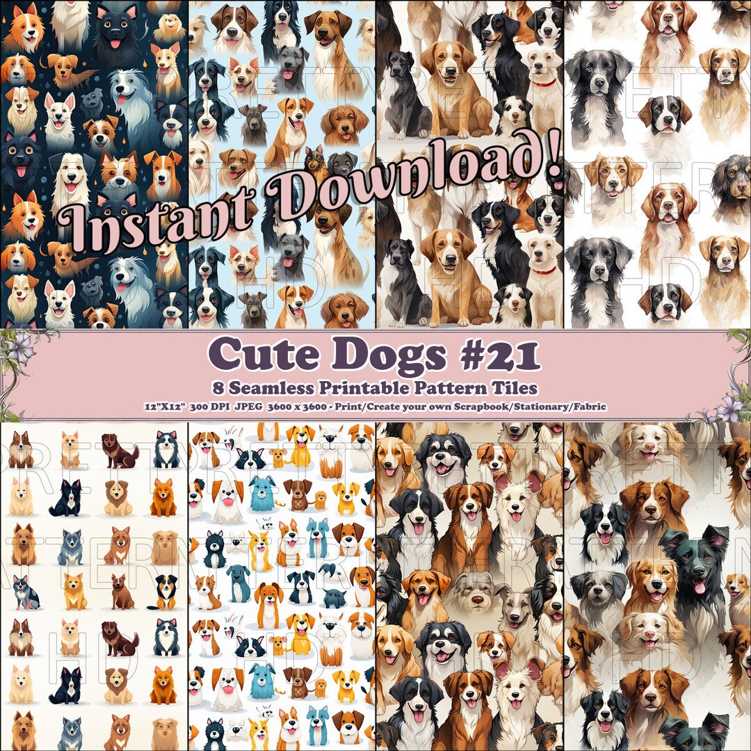 Cute Dogs #21 - 8 Printable Scrapbook Sheets - Seamless Tileable ...