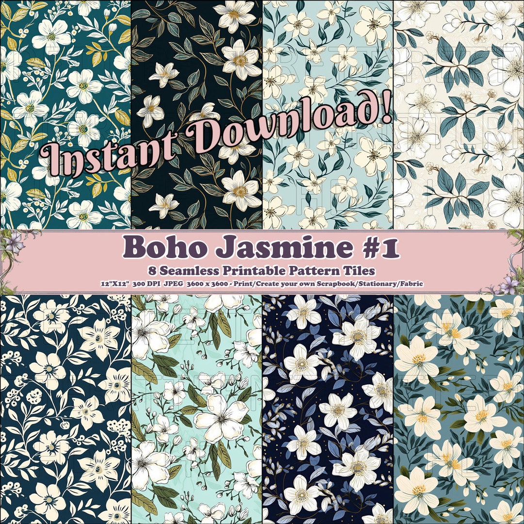 Boho Block Print Jasmine #1 - 8 Printable Scrapbook Sheets - Seamless ...