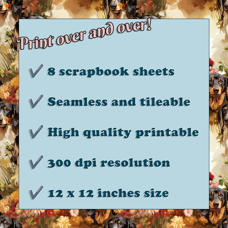 Dog Breeds Dachshund #1 - 8 Printable Scrapbook Sheets - Seamless ...