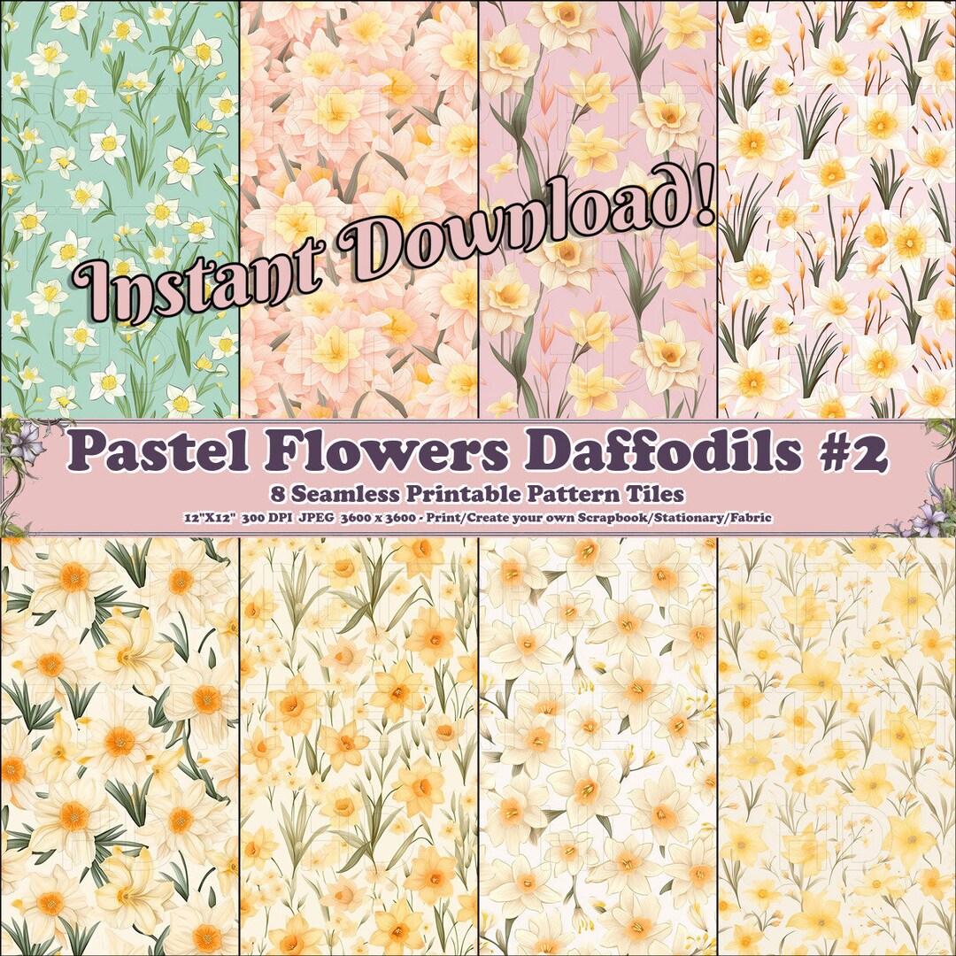 Pastel Flowers Daffodils #2 - Set of 8 Digital Patterns: Seamless ...