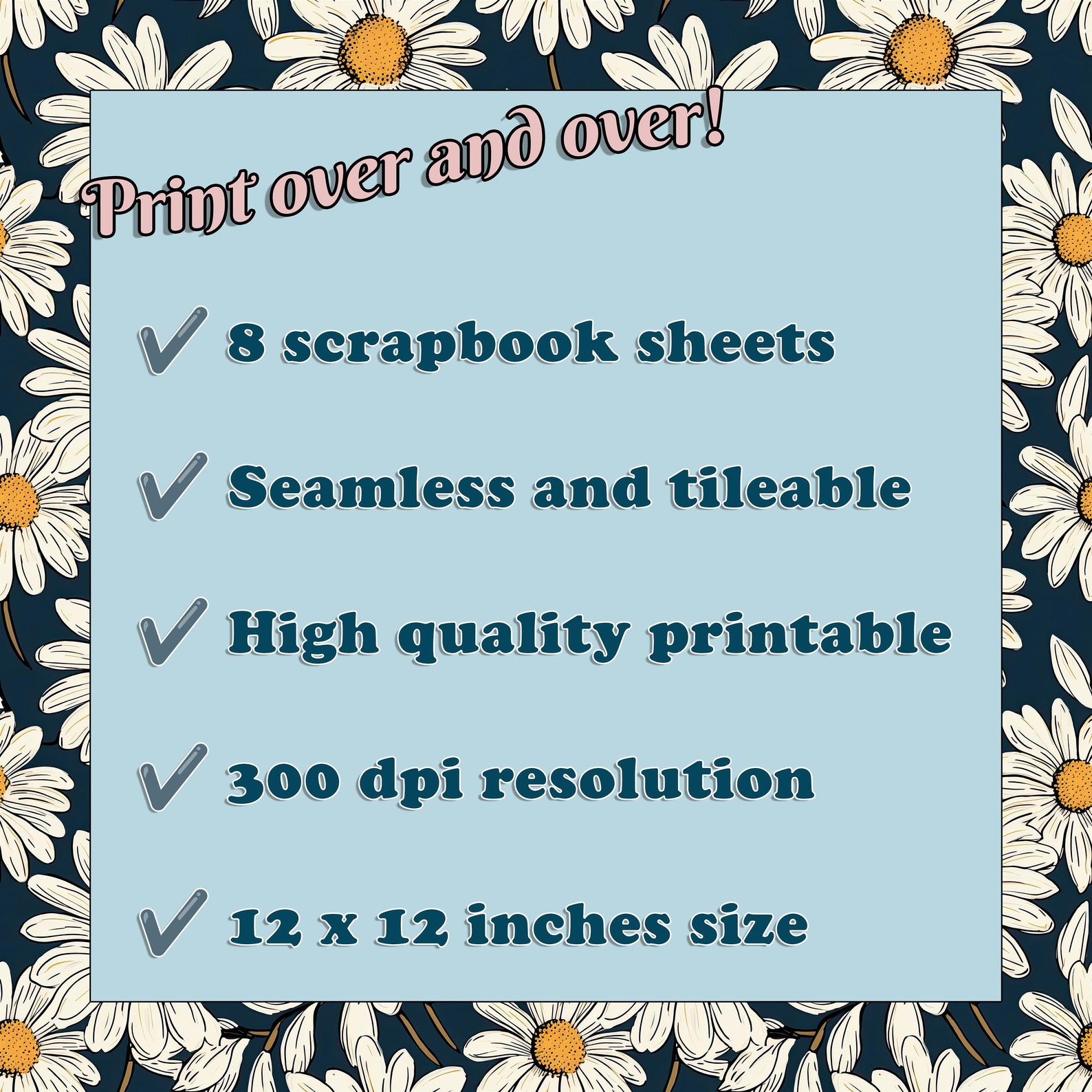Boho Block Print Daisies #1 - 8 Printable Scrapbook Sheets - Seamless ...