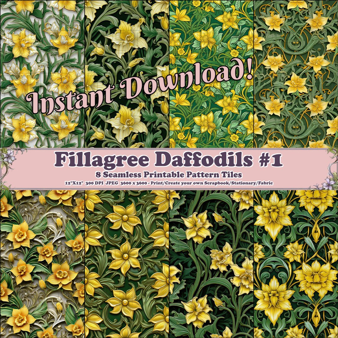 Filigree Daffodil #1 - 8 Printable Scrapbook Sheets - Seamless Tileable ...