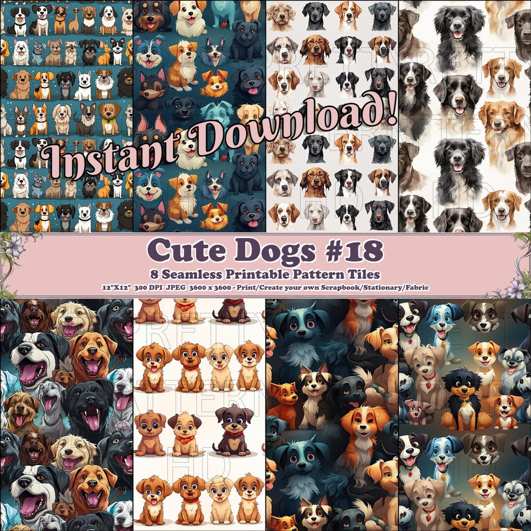 Cute Dogs #18 - 8 Printable Scrapbook Sheets - Seamless Tileable ...
