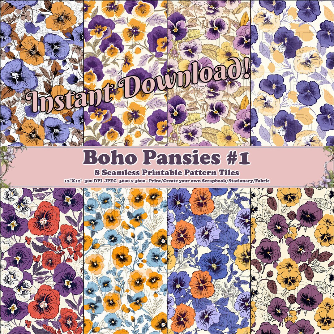 Boho Block Print Pansies #1 - 8 Printable Scrapbook Sheets - Seamless ...