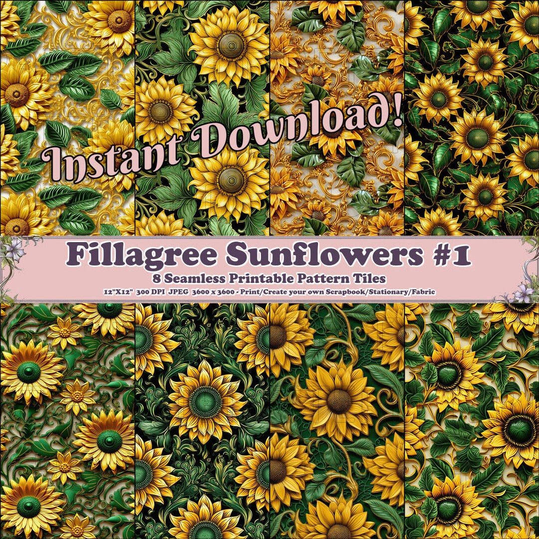 Filigree Sunflowers #1 - 8 Printable Scrapbook Sheets - Seamless ...
