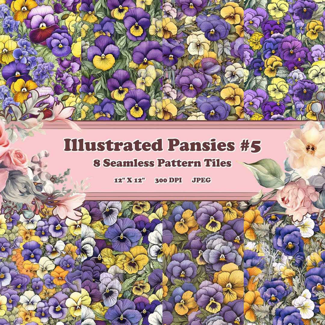 Illustrated Pansies #5 - 8 Printable Scrapbook Sheets - Seamless ...