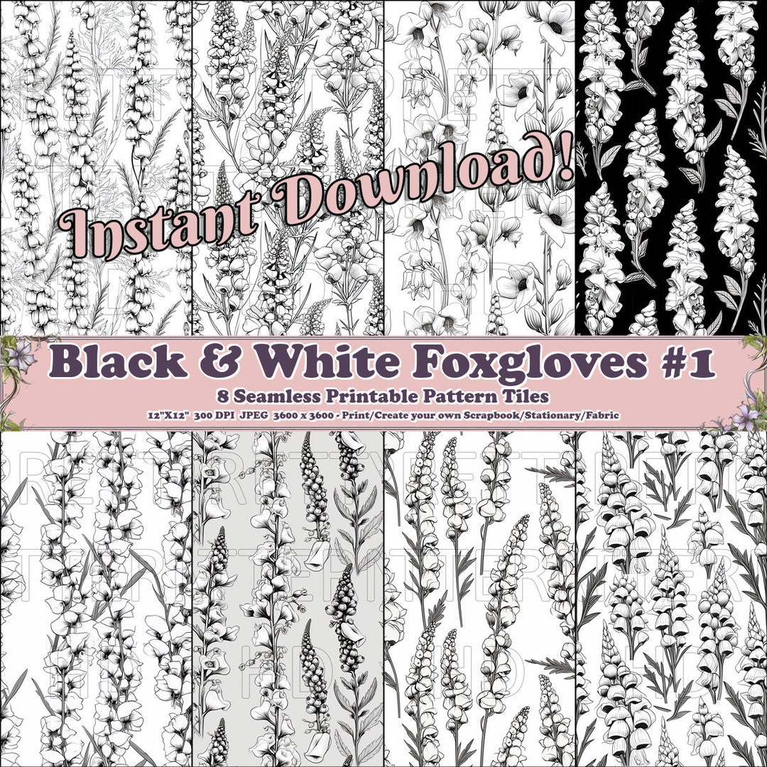 Black & White Foxglove 1 8 Printable Scrapbook Sheets Seamless Tileable Digital Backgrounds ...