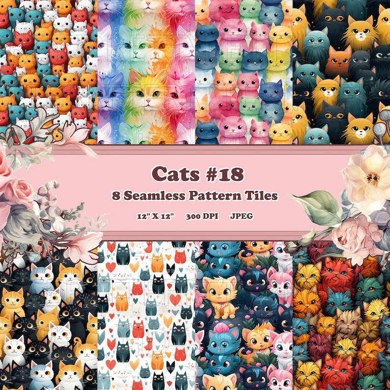Cats #18 - 8 Printable Scrapbook Sheets - Seamless Tileable - Digital ...