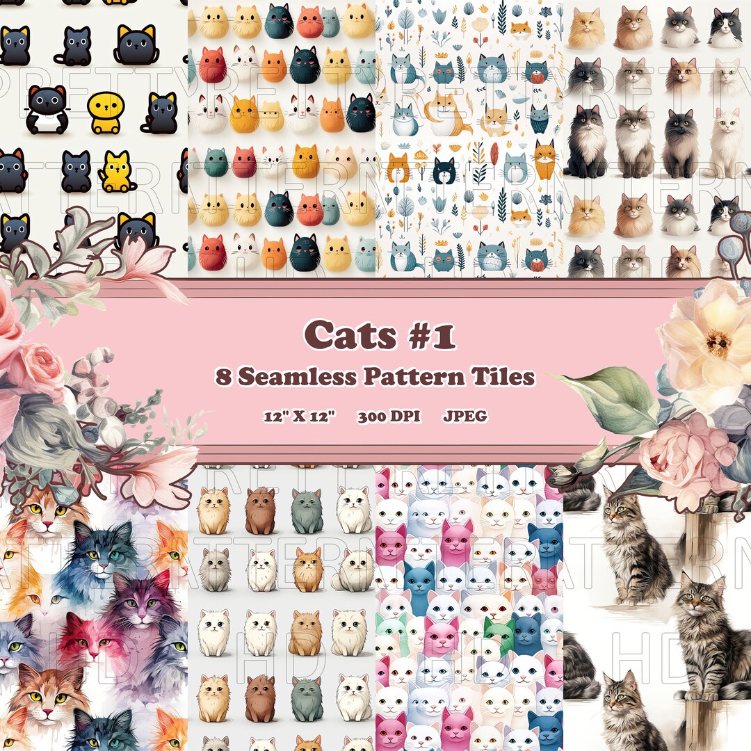 Cats #1 - 8 Printable Scrapbook Sheets - Seamless Tileable - Digital ...