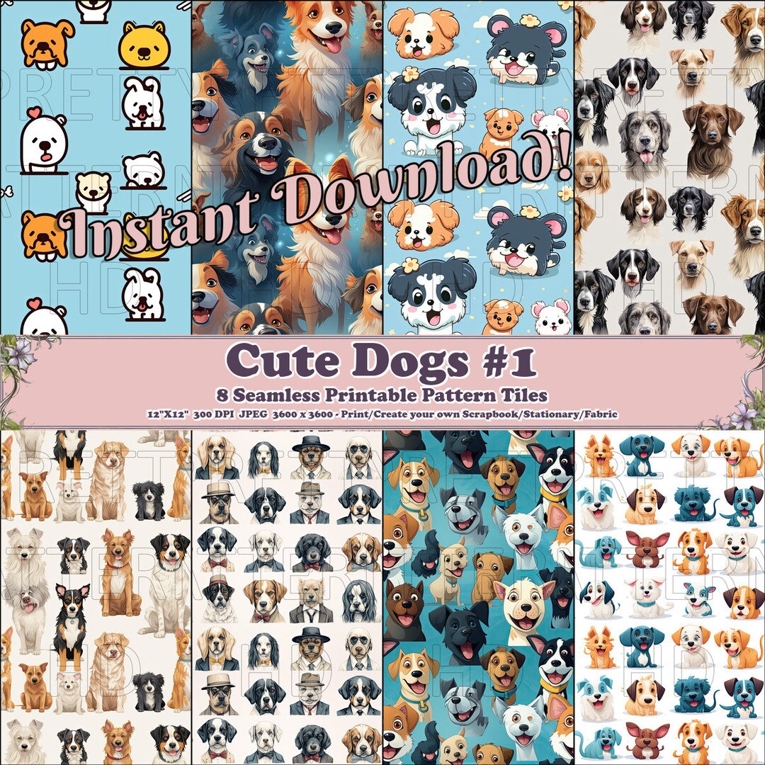 Cute Dogs #1 - 8 Printable Scrapbook Sheets - Seamless Tileable ...