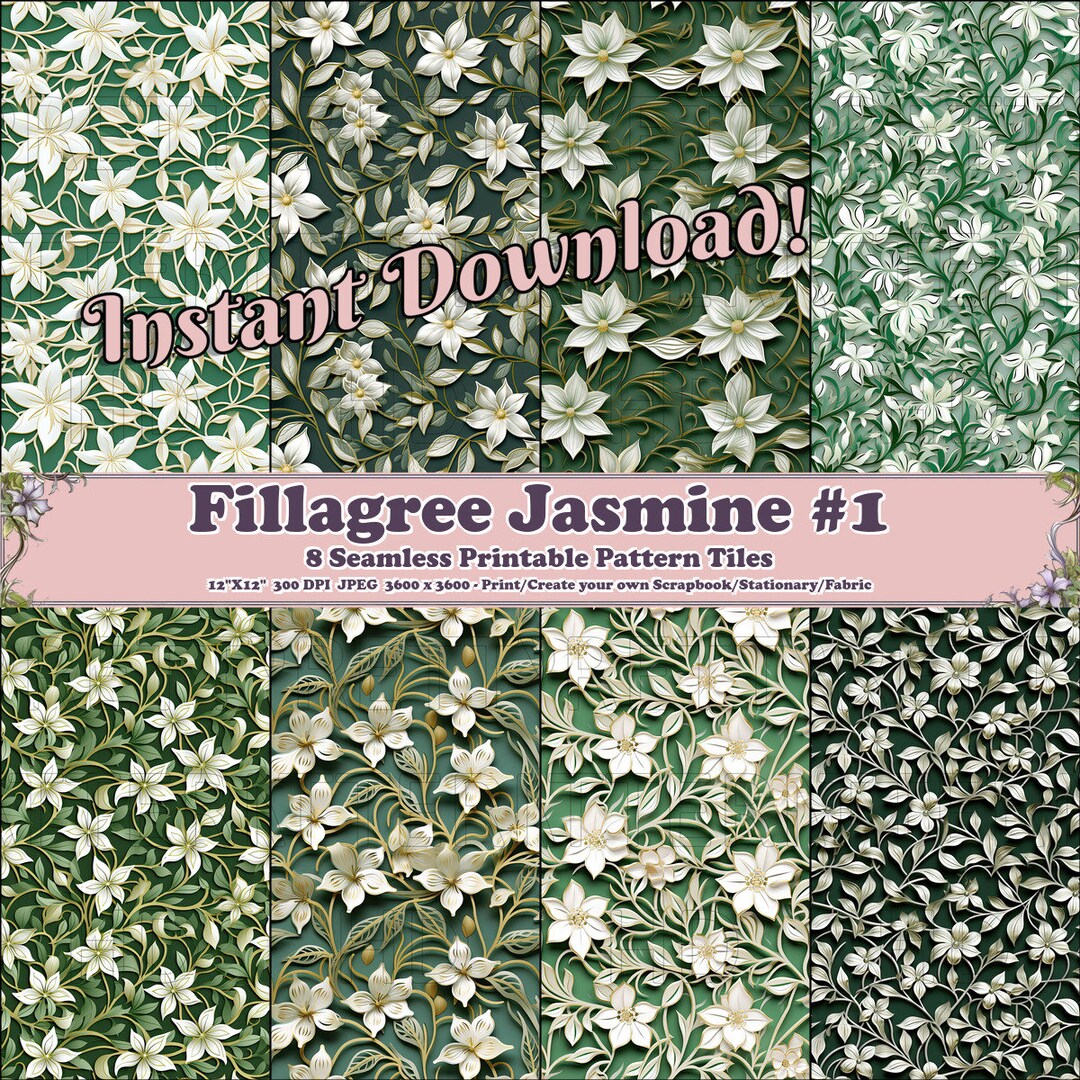 Filigree Jasmine #1 - 8 Printable Scrapbook Sheets - Seamless Tileable ...