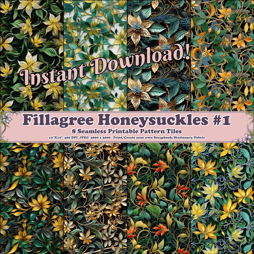 Filigree Honeysuckle #1 - 8 Printable Scrapbook Sheets - Seamless ...
