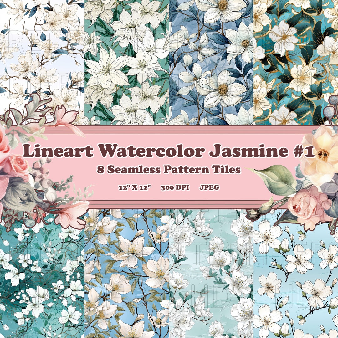 Lineart Watercolor Jasmine #1 - 8 Printable Scrapbook Sheets - Seamless ...