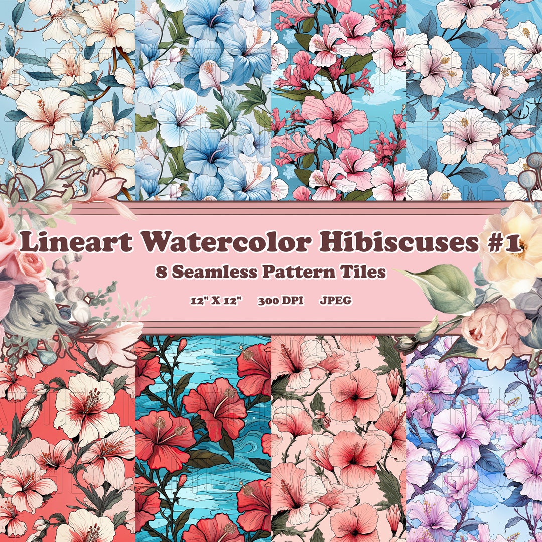 Lineart Watercolor Hibiscus #1 - 8 Printable Scrapbook Sheets ...