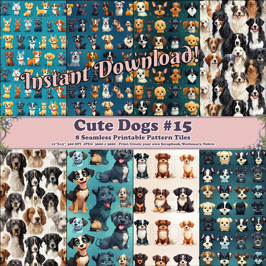Cute Dogs #15 - 8 Printable Scrapbook Sheets - Seamless Tileable ...
