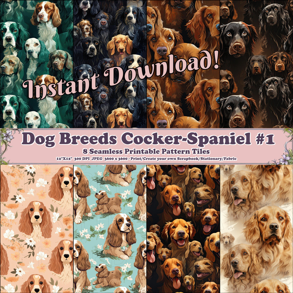 Cocker Spaniel #1 - 8 Adorable Printable Scrapbook Sheets - Seamless ...