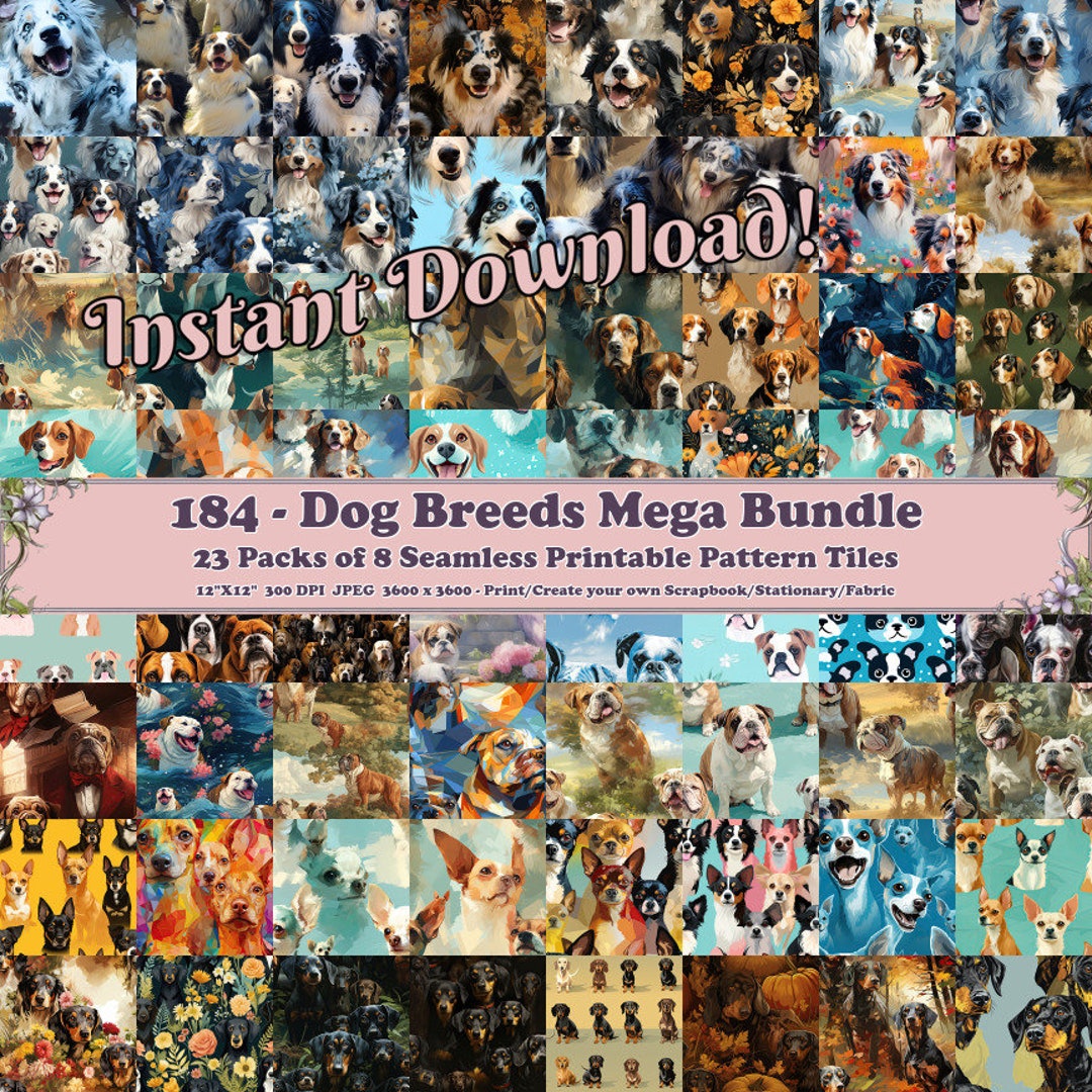 Dog Breeds Mega Bundle - 184 Printable Scrapbook Sheets - Seamless ...