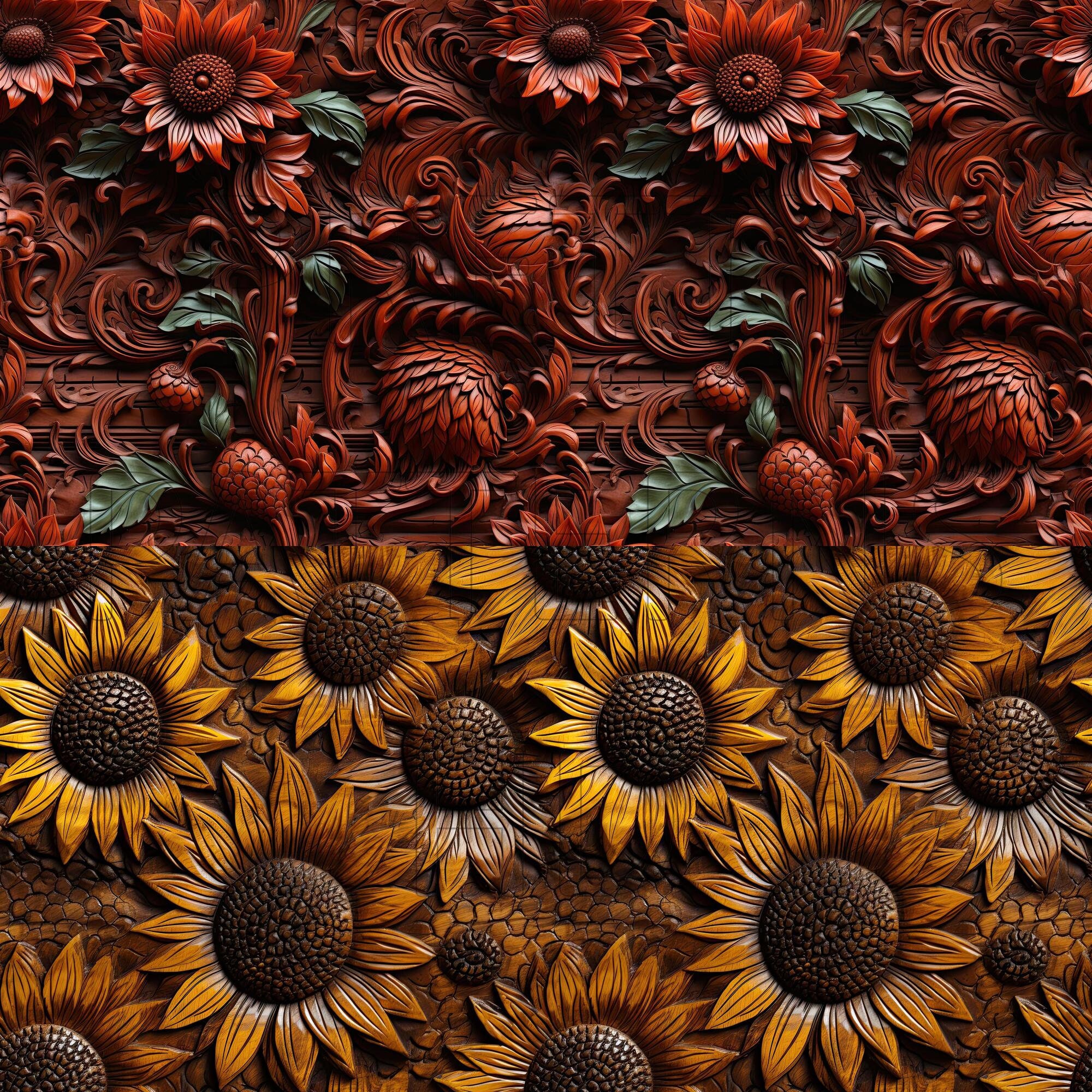 Carved Wood Sunflowers 1 8 Printable Scrapbook Sheets Seamless Tileable ...