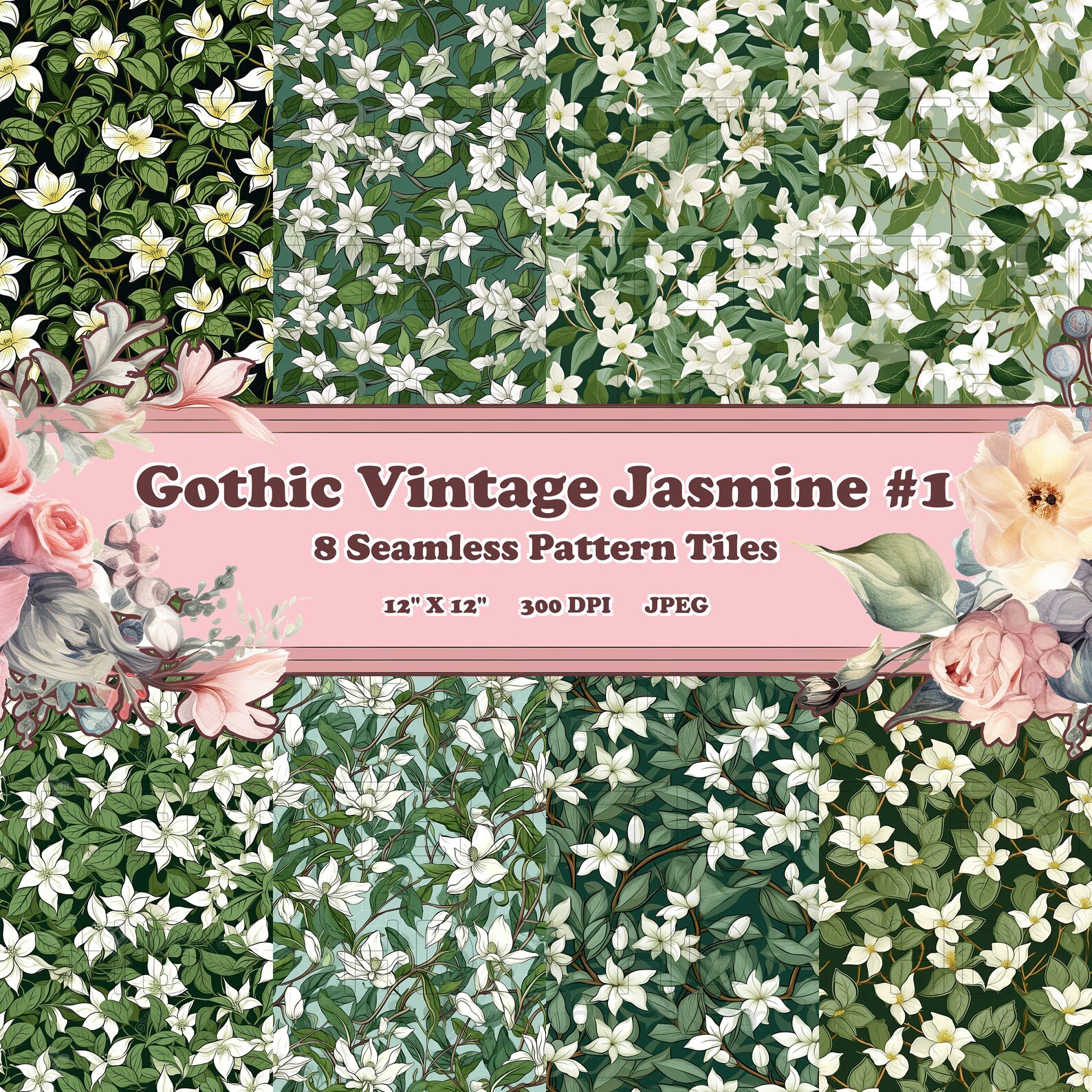 Gothic Vintage Jasmine #1 - 8 Scrapbook Sheets - Seamless Tileable ...