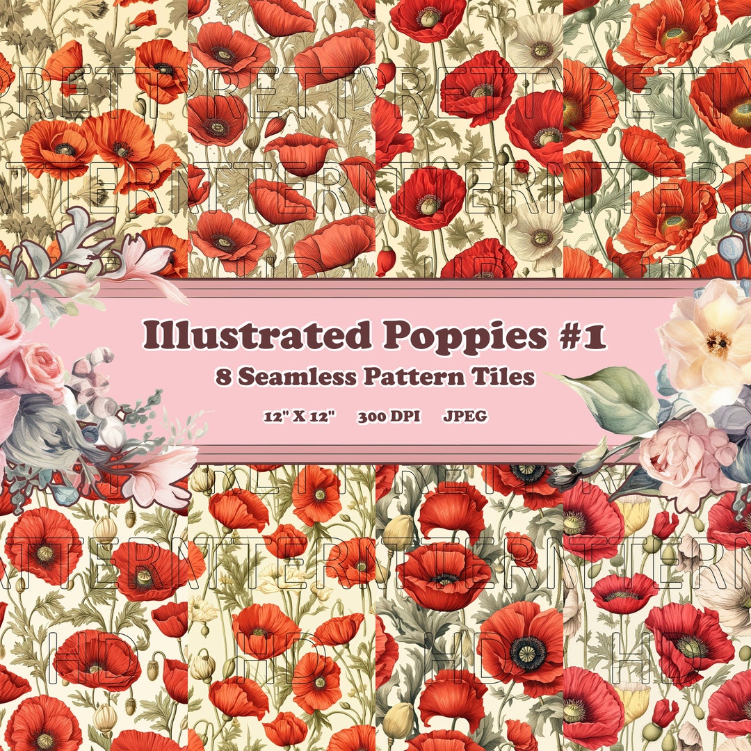 Illustrated Poppies #1 - 8 Printable Scrapbook Sheets - Continuous ...