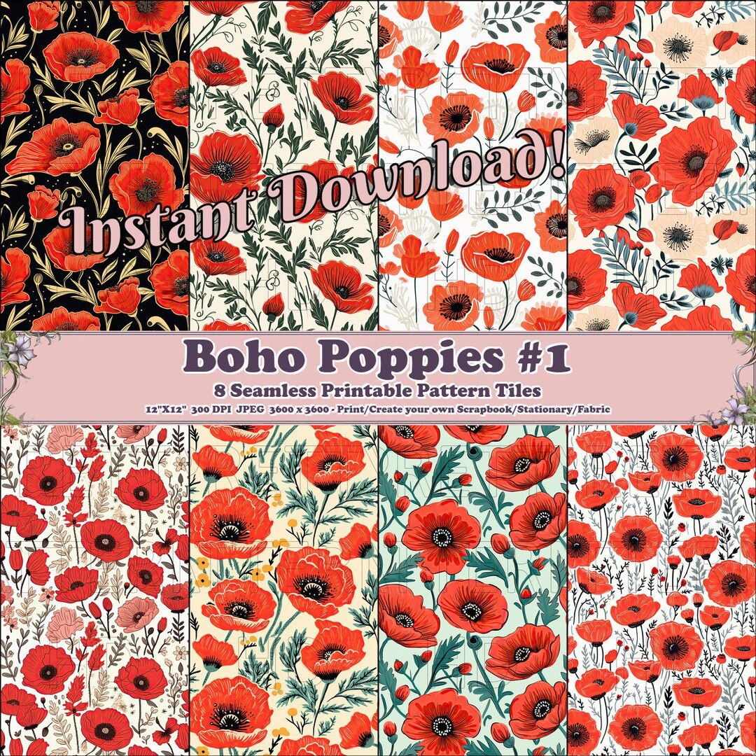 Boho Block Print Poppies #1 - 8 Printable Scrapbook Sheets - Seamless ...