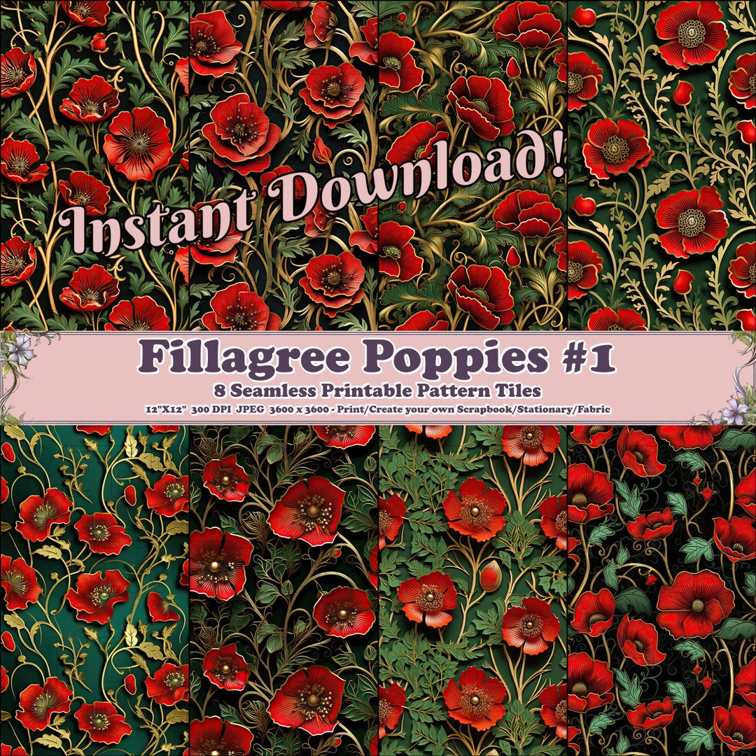 Filigree Poppies #1 - 8 Printable Scrapbook Sheets - Seamless Tileable ...