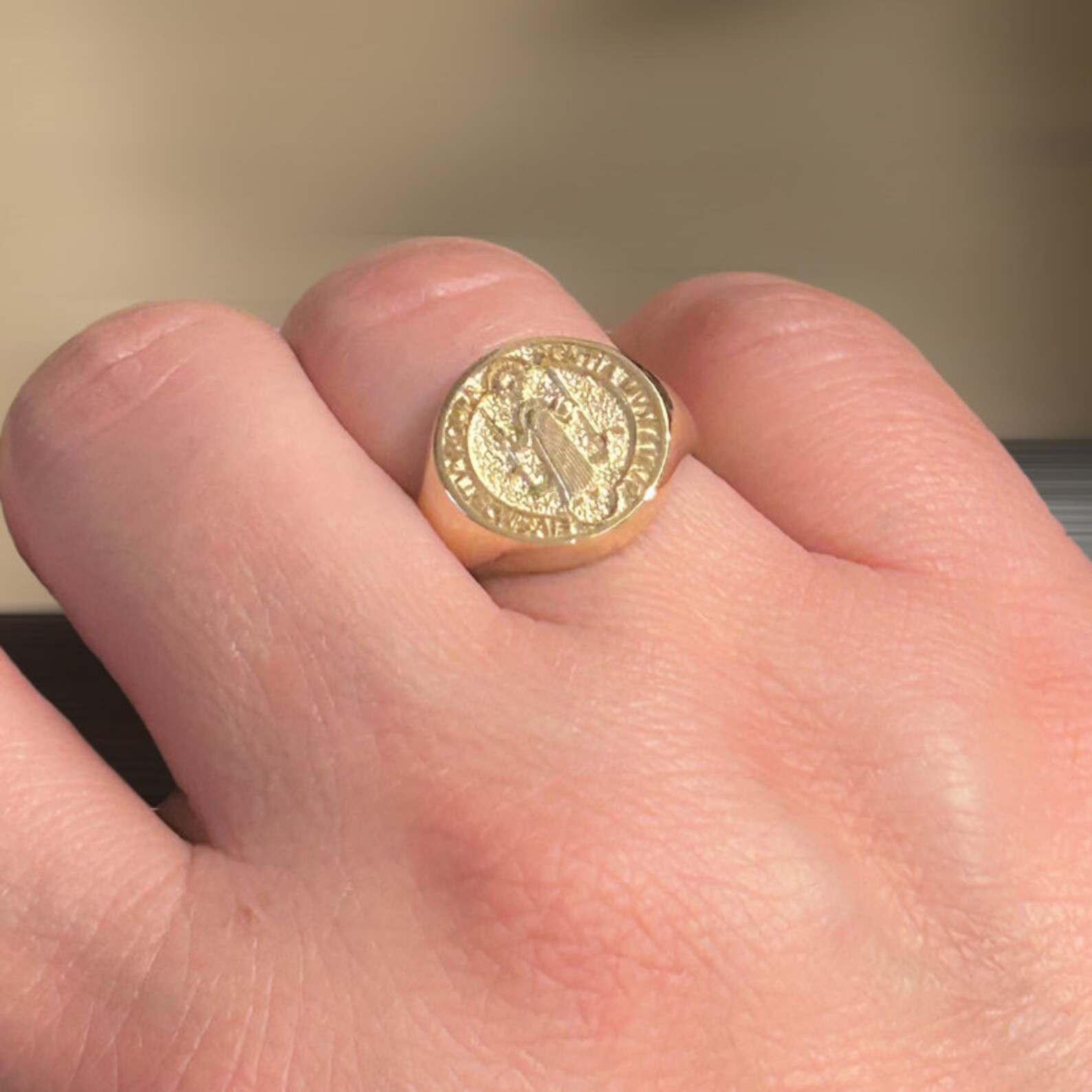 Solid Gold Saint Benedict Signet Medallion Ring, Silver Religious ...