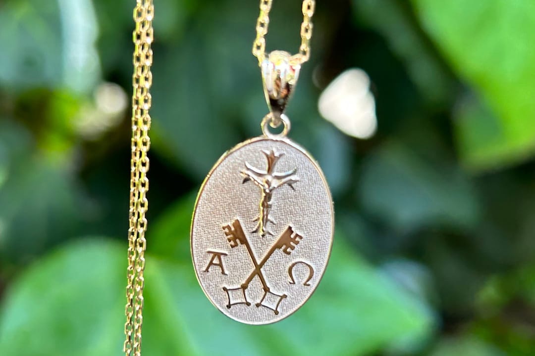 Solid Gold Alpha and Omega Cross With Keys of Heaven Symbol Necklace ...