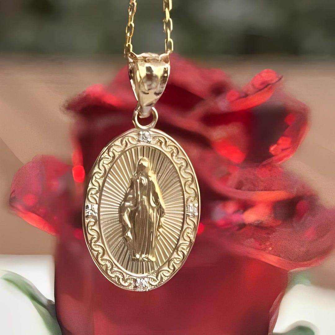 14K Solid Gold Handcrafted Virgin Mary Religious Necklace , 10K ...