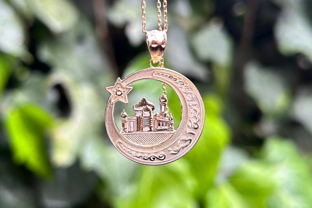 14K Stunning Solid Gold Islamic Mosque Necklace, Sterling Silver ...