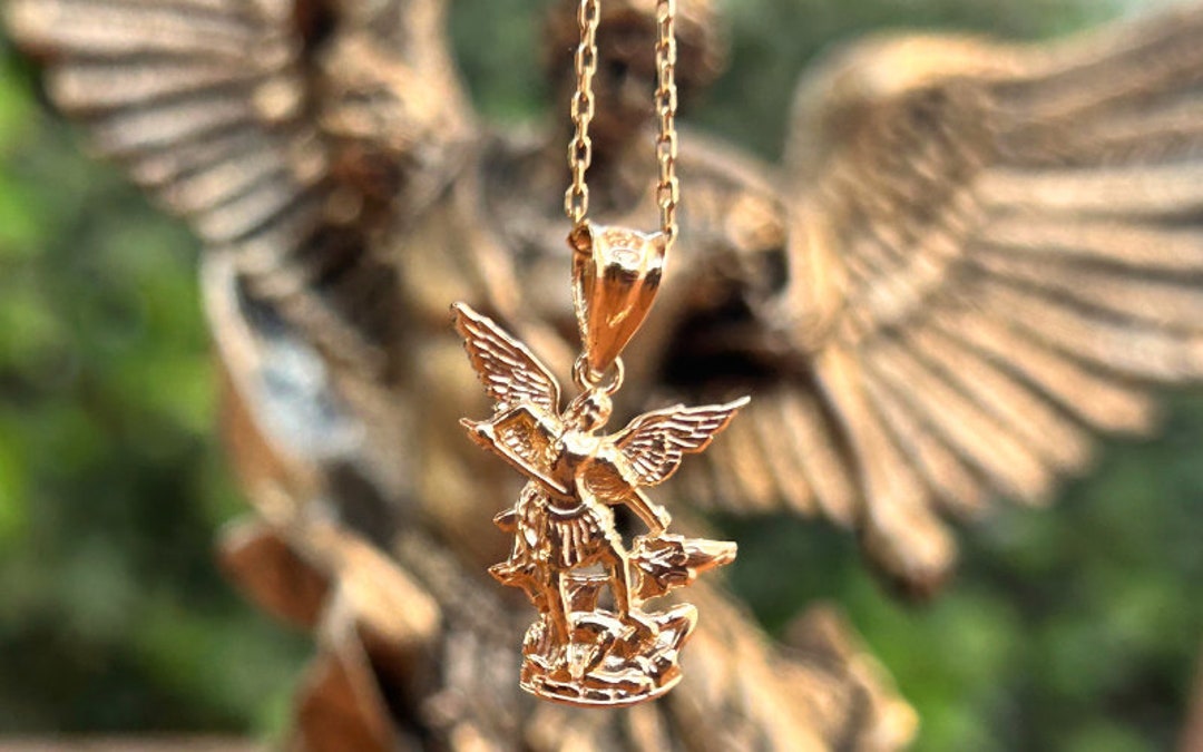 Solid Gold Saint Michael Archangel Necklace, Silver Religious ...