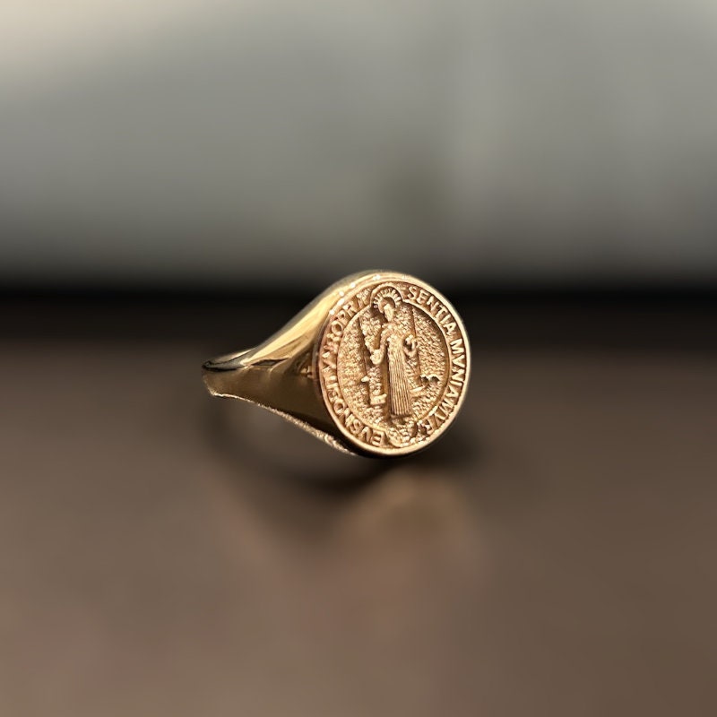 Solid Gold Saint Benedict Signet Medallion Ring, Silver Religious ...